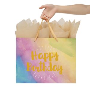 wishinside 13" Large Yellow Watercolor Gift Bag Set & Greeting Card and Tissue Papers (Gold Foil‘Happy Birthday’) for Women's, Men's, Girls, Boys, Baby Shower