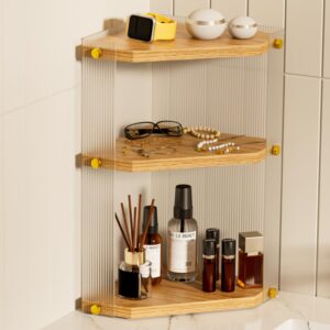 pnnp countertop organizer for bathroom corner: 3-tier waterproof wood counter shelf - acrylic vanity organizer for makeup perfume skincare storage - kitchen corner standing rack in light-brown