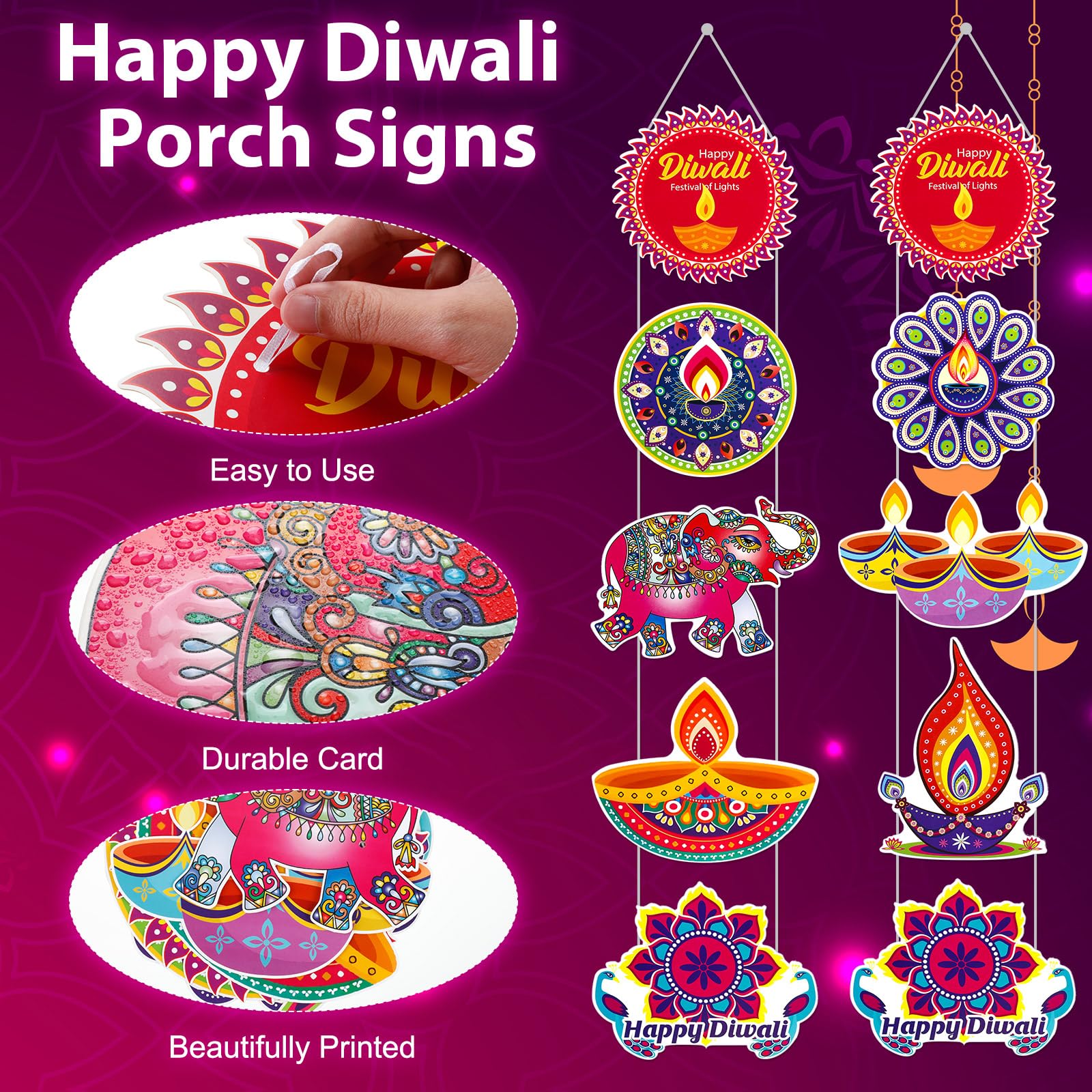 Hotop 2 Pcs Happy Diwali Porch Signs 78 x 11.4 Inch Deepavali Themed Hanging Banners Diwali Decorations for Home Festival of Lights Party Front Door Hanging Decorations for Diwali Indian Party Supply