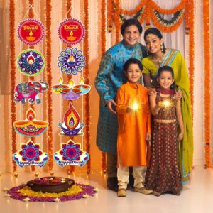 Hotop 2 Pcs Happy Diwali Porch Signs 78 x 11.4 Inch Deepavali Themed Hanging Banners Diwali Decorations for Home Festival of Lights Party Front Door Hanging Decorations for Diwali Indian Party Supply