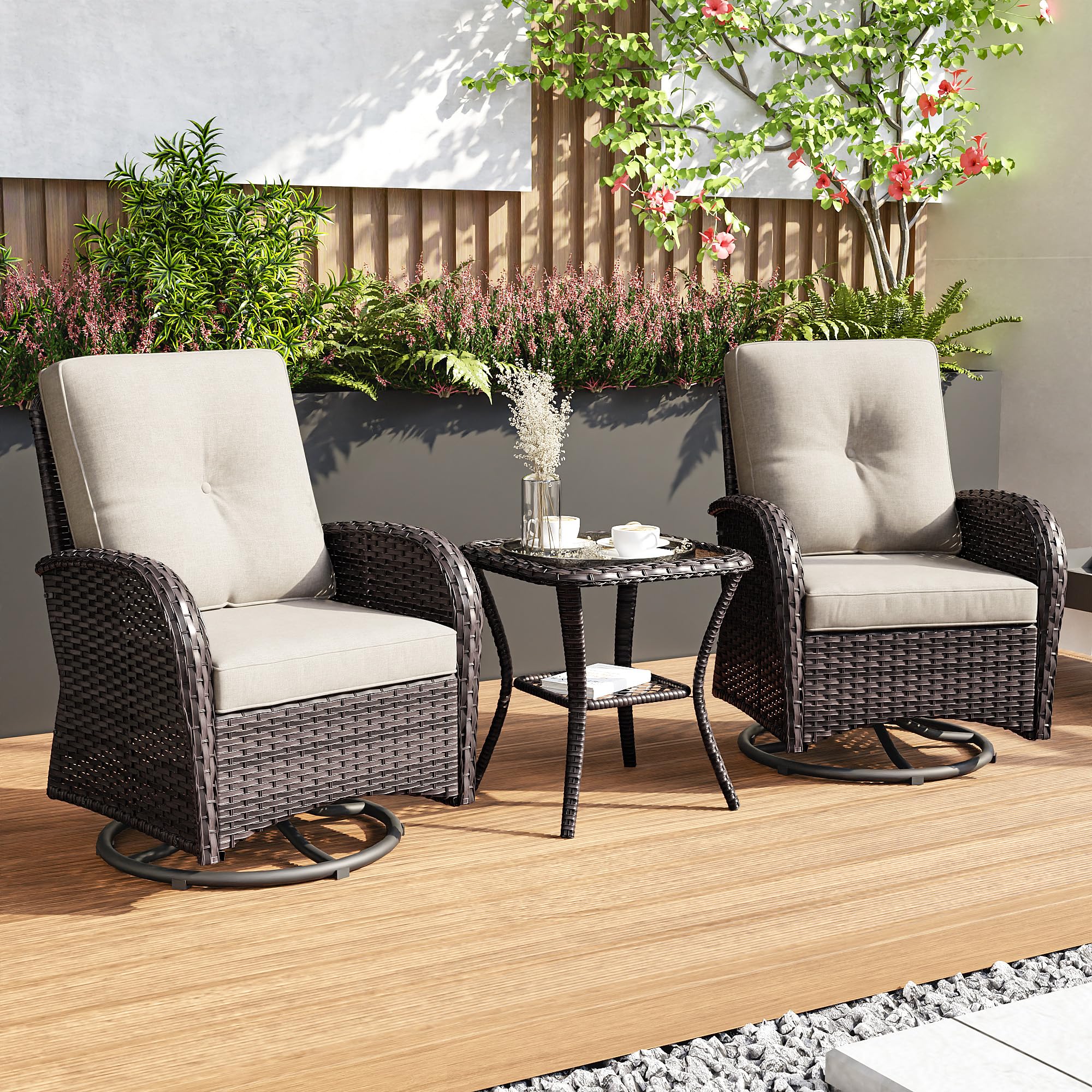 Joyside Patio Swivel Rocker Wicker Chairs - Outdoor Swivel Rocking Chairs Set of 2 with Wicker Side Table, Patio Swivel Rocker Chair 3 Piece Patio Furniture Sets for Porch Deck(Brown/Beige)