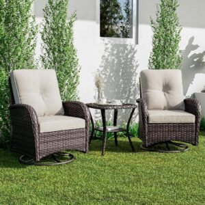 Joyside Patio Swivel Rocker Wicker Chairs - Outdoor Swivel Rocking Chairs Set of 2 with Wicker Side Table, Patio Swivel Rocker Chair 3 Piece Patio Furniture Sets for Porch Deck(Brown/Beige)