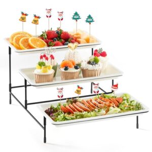 lifewit 3 tier plastic serving tray for party supplies, 12" x 6.5" platters for serving food, white reusable trays with black metal display stand for veggie, fruit, cookies, dessert