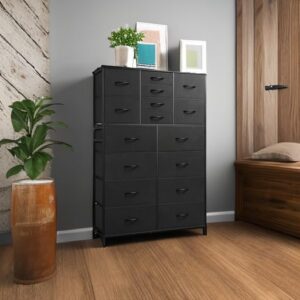 WLIVE Tall Dresser for Bedroom, Fabric Dresser Storage Tower with 16 Drawers, Chest of Drawers Organizer Unit, Storage Cabinet, Hallway, Closets, Steel Frame, Charcoal Black