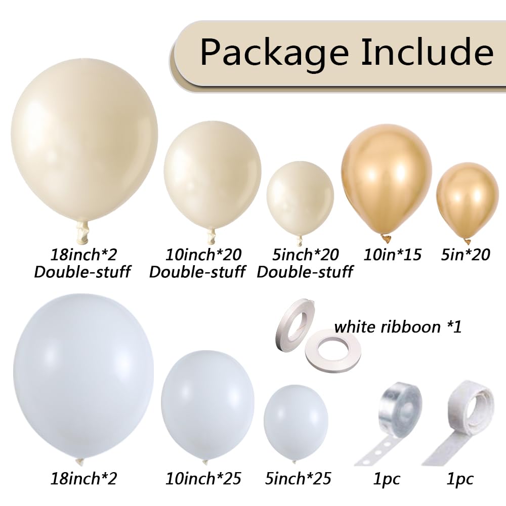 Double-stuff Pearl White Sand White Balloon Garland Arch kit, 132pcs 18/10/5 inch White Balloons with Metallic Gold Balloon for Wedding Bridal Baby Shower Birthday Anniversary Party Decorations