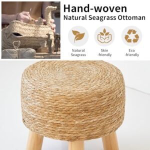 ALeesing Round Ottoman Natural Seagrass Footstool, Round Footstool with 4 Wood Legs, Hand Woven Round Footstool Sofa Stool, Multifunctional Modern Dressing Stool, Sofa Side Table for Bedroom (Nature)