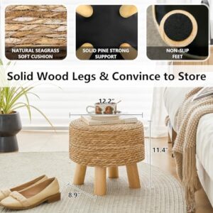 ALeesing Round Ottoman Natural Seagrass Footstool, Round Footstool with 4 Wood Legs, Hand Woven Round Footstool Sofa Stool, Multifunctional Modern Dressing Stool, Sofa Side Table for Bedroom (Nature)