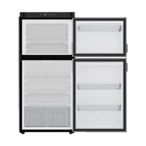 norcold n8dcbkl refrigerator; dual compartment 2 door refrigerator with freezer; left hand hinge/ reversible to right hand hinge; 8 cubic foot; 52-7/8 inch height x 23-1/2 inch width x 24 inch depth cutout dimensions; 5 amp/ 12 volt dc; dc