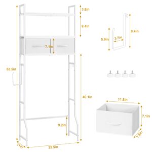 YBING Over The Toilet Storage, Over Toilet Bathroom Organizer with Drawer, Above Toilet Stand with Roll Holder and Hooks, Over Toilet Storage Shelf Cabinet, Wooden, White