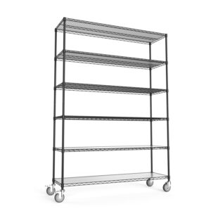 nsf 6 tier 6000lbs metal shelf wire shelving unit, heavy duty adjustable storage rack with 5in wheels and shelf liners for commercial grade utility steel storage rack - 18"d x 60"l x 87.5"h - black