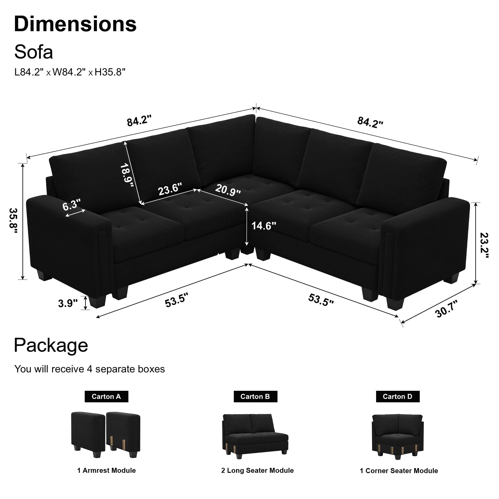 Belffin Velvet Modular Sectional Sofa Convertible Sectional Sofa Couch with Reversible Chaise L Shaped 4 Seater Corner Sofa Couch Black