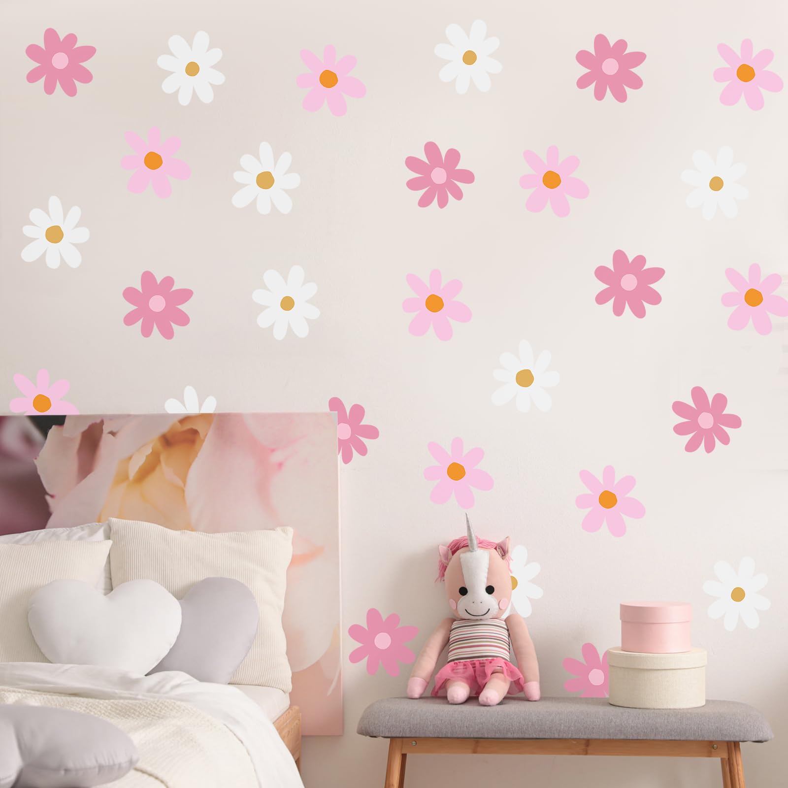 BBTO Daisy Wall Decal Flower Vinyl Wall Decals Daisy Decals Floral Decals Peel and Stick Daisy Stickers for Kids Nursery Wall Art Bedroom Living Room(Pink, White)