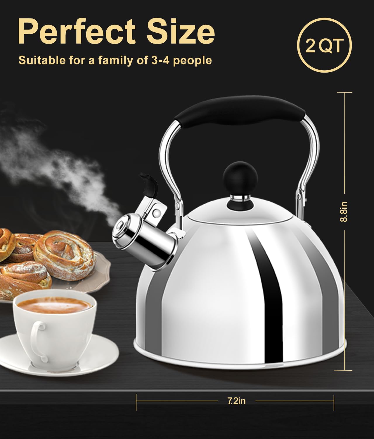 Whistling Tea Kettle for Stovetop, 2 Quart Small Tea Kettle for Tea and Coffee, 1.8L Food Grade Stainless Steel Tea Pot, Hot Water Kettle for Stove Top, Water Boilers (Stainless Steel)