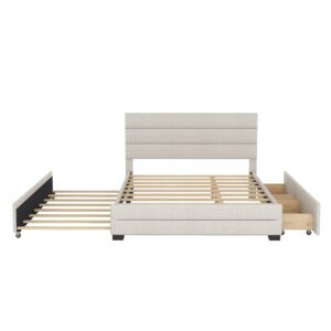 Harper & Bright Designs Queen Upholstered Platform Bed with Twin Size Trundle and Storage Drawers, Wooden Queen Bed Frame with Headboard, No Box Spring Needed (Queen Size, Beige)