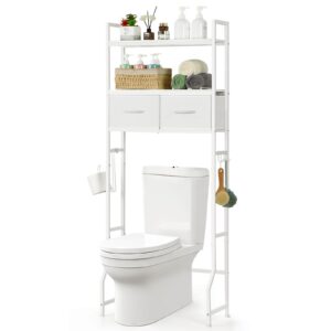 ybing over the toilet storage, over toilet bathroom organizer with drawer, above toilet stand with roll holder and hooks, over toilet storage shelf cabinet, wooden, white