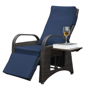 indoor & outdoor recliner with headrest and flip table, all-weather pe wicker patio reclining lounge chair, air pump adjustable back and footrest removable cushion (one chair - navy blue)