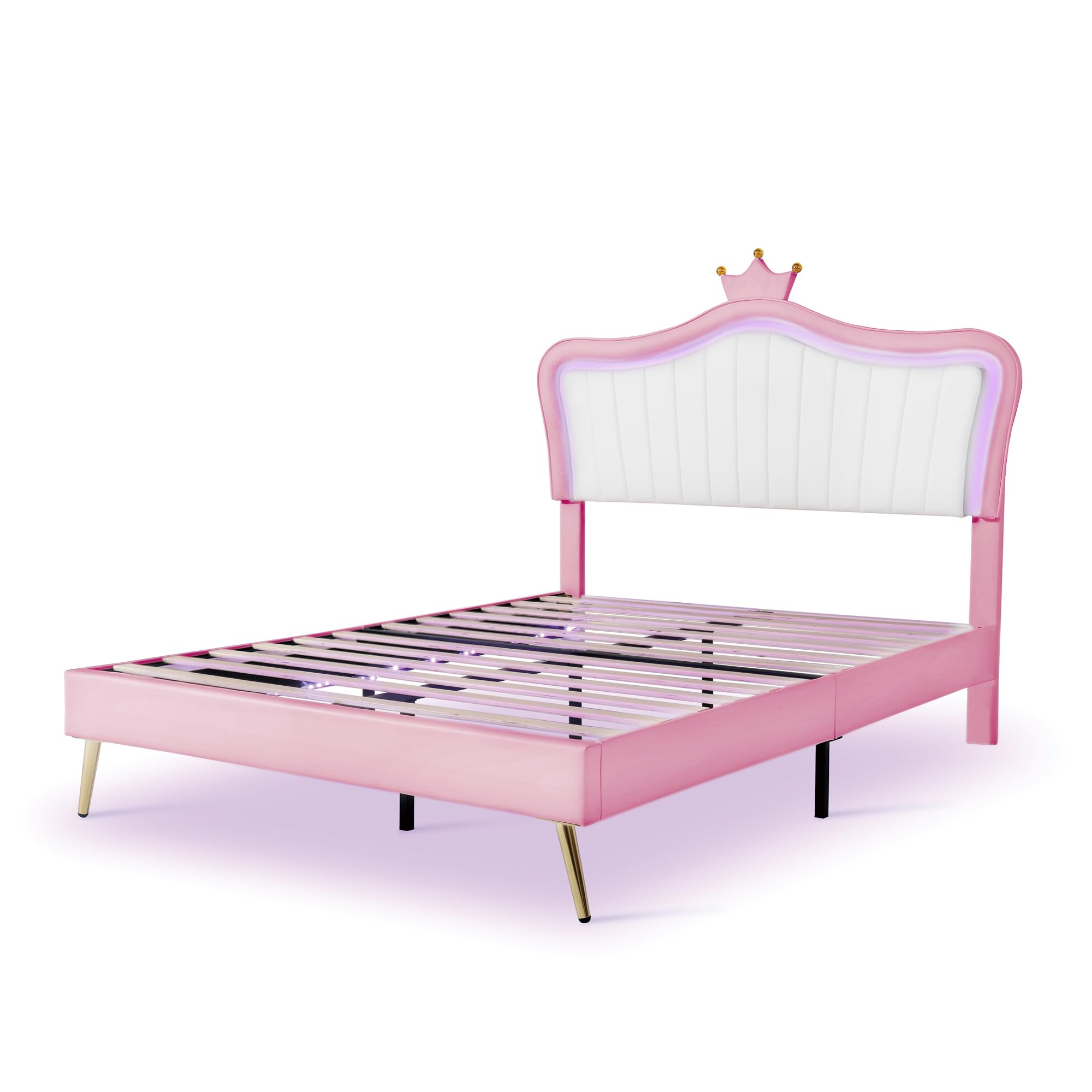 Queen Size Upholstered Princess Bed Frame with LED Lights and Crown Headboard,for Kids Boys Girls Teens Bedroom Use (Queen, White+Pink@LED Lights-)