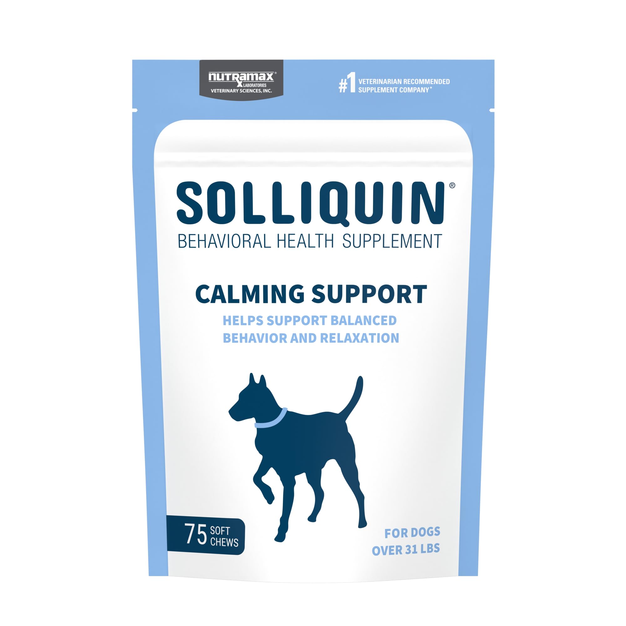 Nutramax Solliquin Calming Behavioral Health Supplement for Large Dogs - with L-Theanine, Magnolia/Phellodendron, and Whey Protein Concentrate, 75 Soft Chews