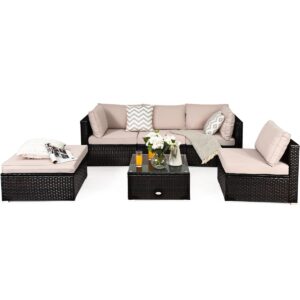 costway 6pcs outdoor patio rattan furniture set cushioned sectional sofa beige