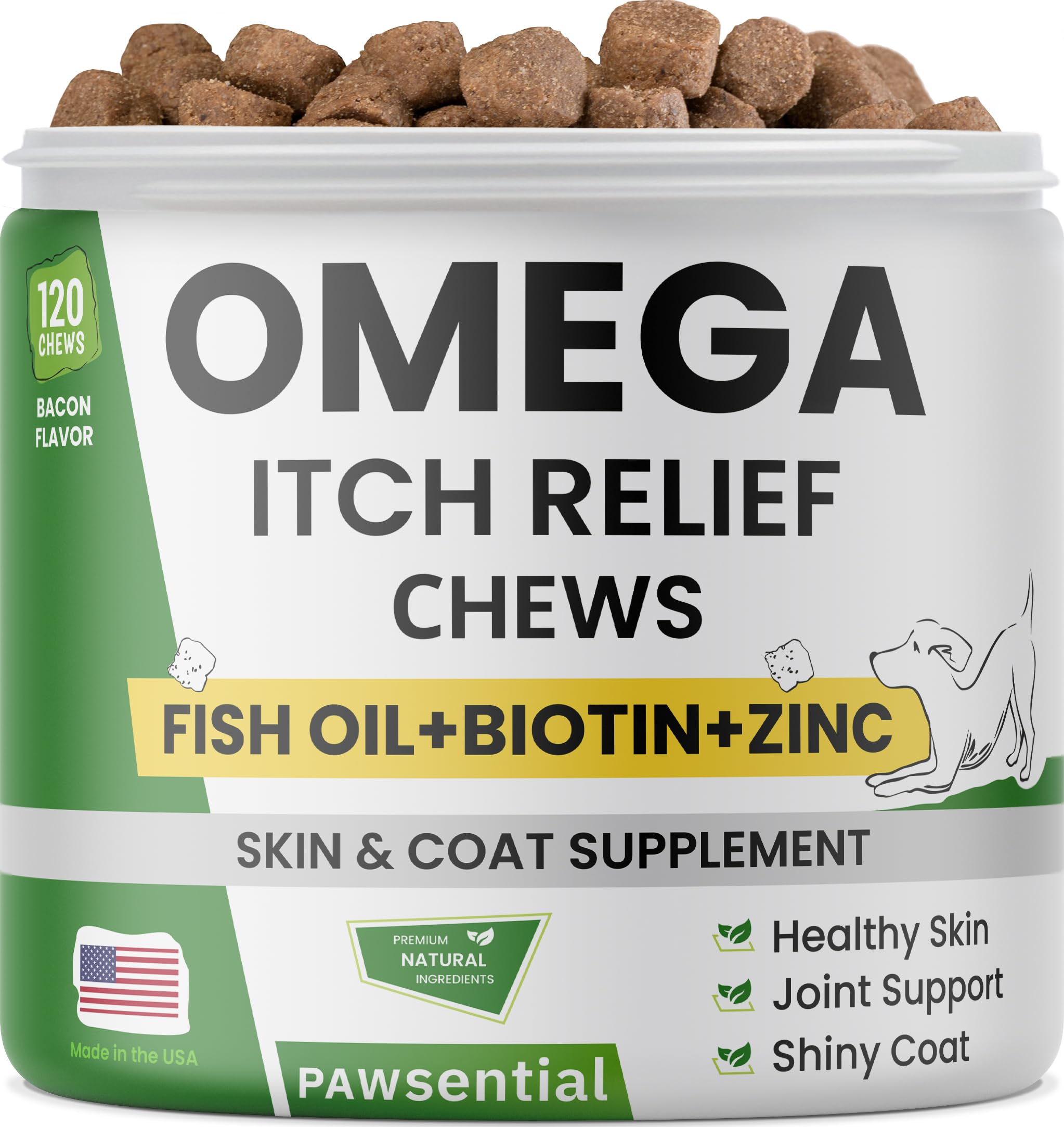 Omega 3 for Dogs - for Dry Itchy Skin - Fish Oil Chews - Skin & Coat Supplement - Itch Relief, Allergy, Anti Shedding, Hot Spots Treatment - w/EPA & DHA - Vitamins - Made in USA - 120 Treats