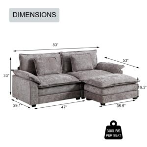 URRED Sectional Sofa Couch, Modern Chenille Sofa Sleeper Deep Seat Couches with Ottoman/Pillows for Living Room, Grey