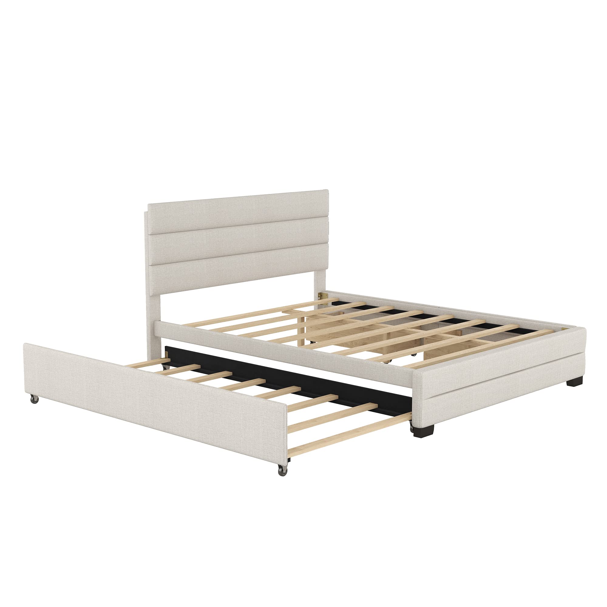 Harper & Bright Designs Queen Upholstered Platform Bed with Twin Size Trundle and Storage Drawers, Wooden Queen Bed Frame with Headboard, No Box Spring Needed (Queen Size, Beige)