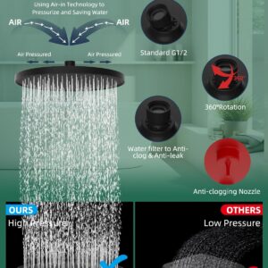 Hibbent 10'' Self-cleaning Rain Shower Head, High Pressure Handheld Shower Head, Showerhead Combo with 12'' Adjustable Curved Shower Extension Arm, 7-Spray, 71'' Hose, Showerhead Holder, Matte Black