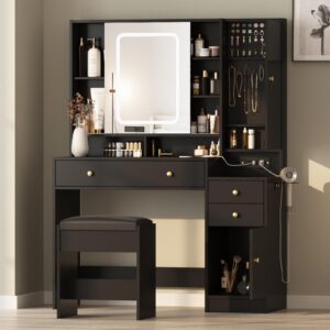 vanity table with mirror, lights and charging station - glass top vanity with 3 drawers, jewelry cabinet and sliding door, 42.8 inches