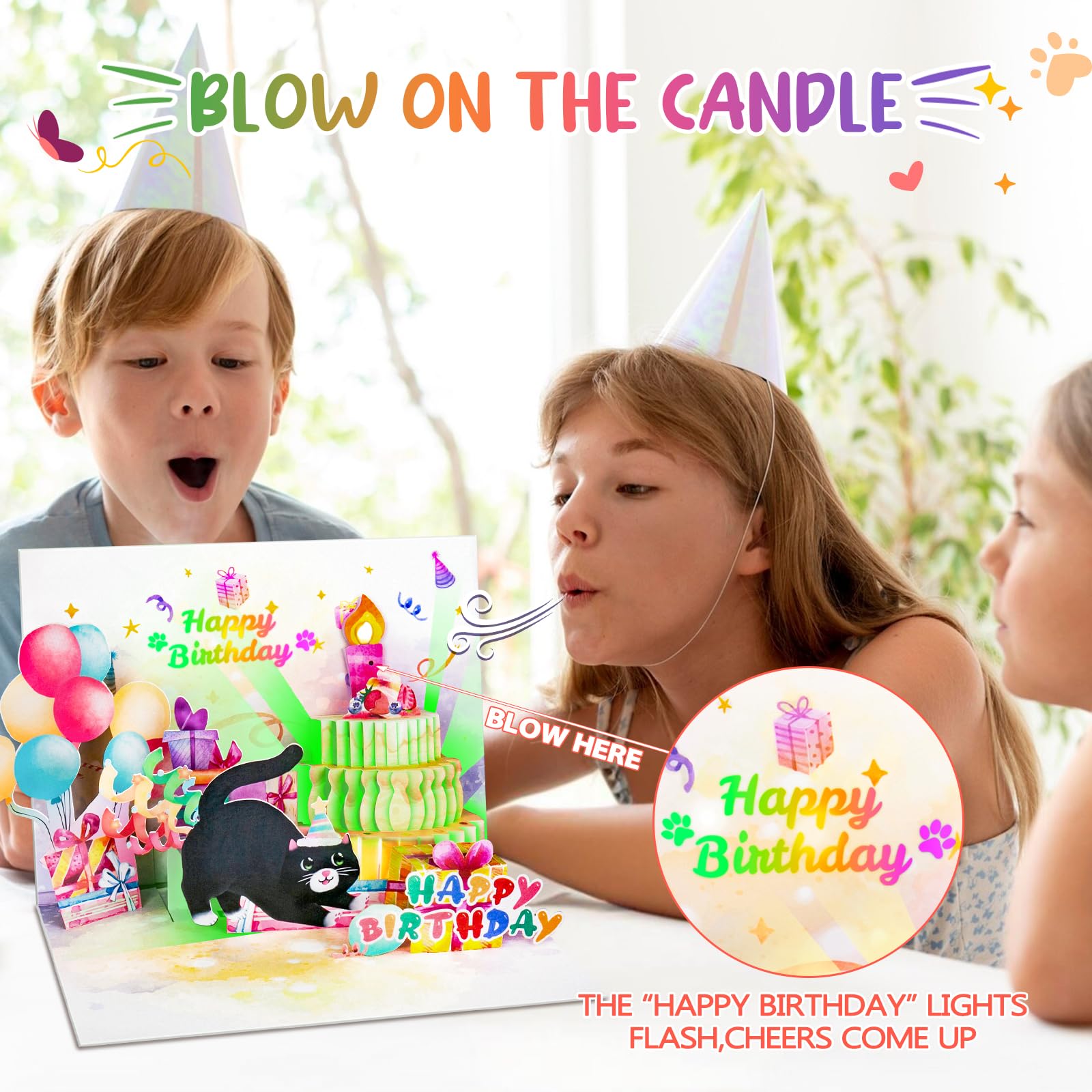 FITMITE Birthday Cards, Cute Cat MUSIC & LIGHTS & BLOWABLE CANDLE Funny Pop up Happy Birthday Card, Birthday Gifts for Women Men Cat Lover Mom or Dad