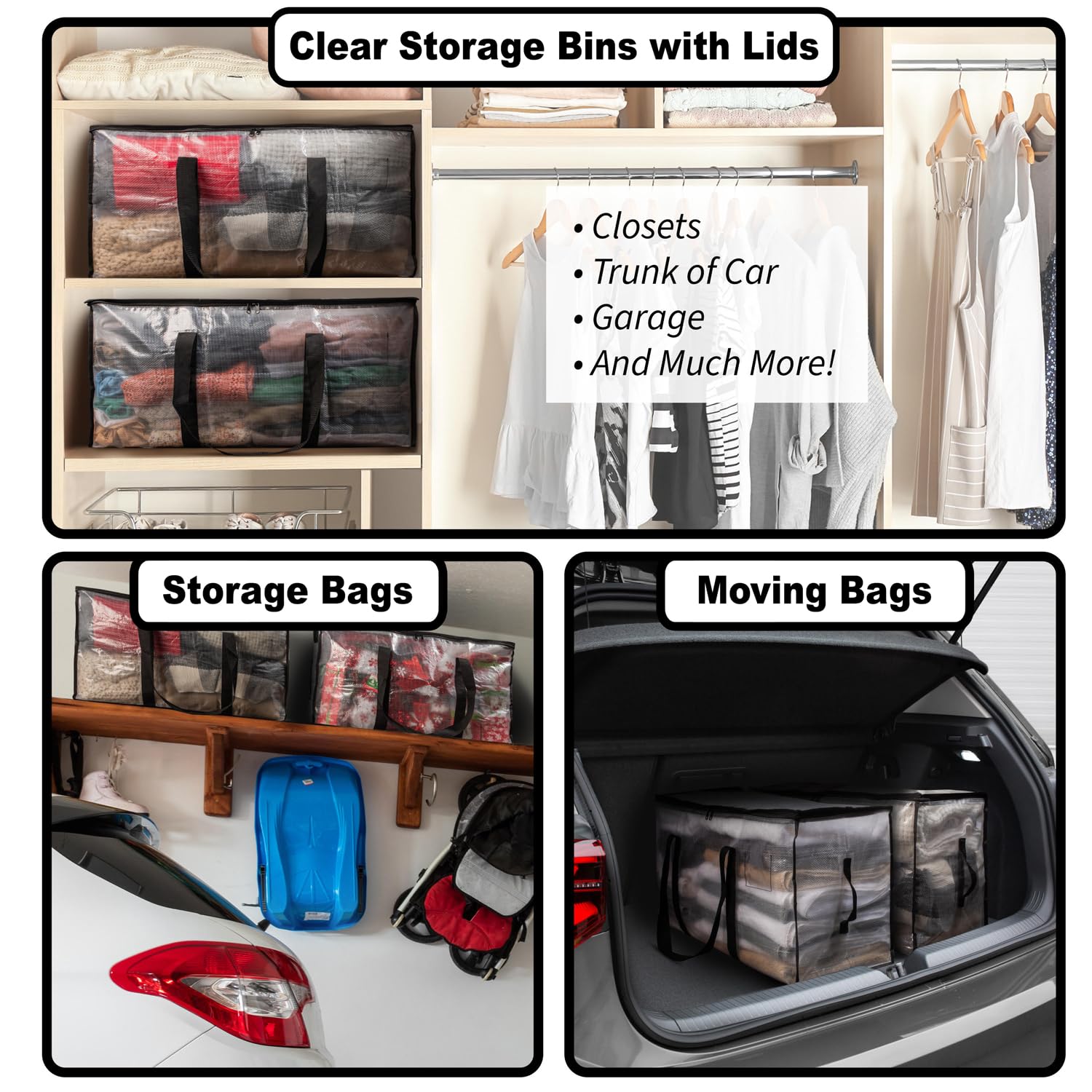 ClearSpace Heavy Duty Moving Bags or Storage Bags – Clear Storage Bins with Lids, Large Moving Boxes with Backpack Straps & Zippers – Packing Bags & Moving Supplies for College Dorm, 6 Pack