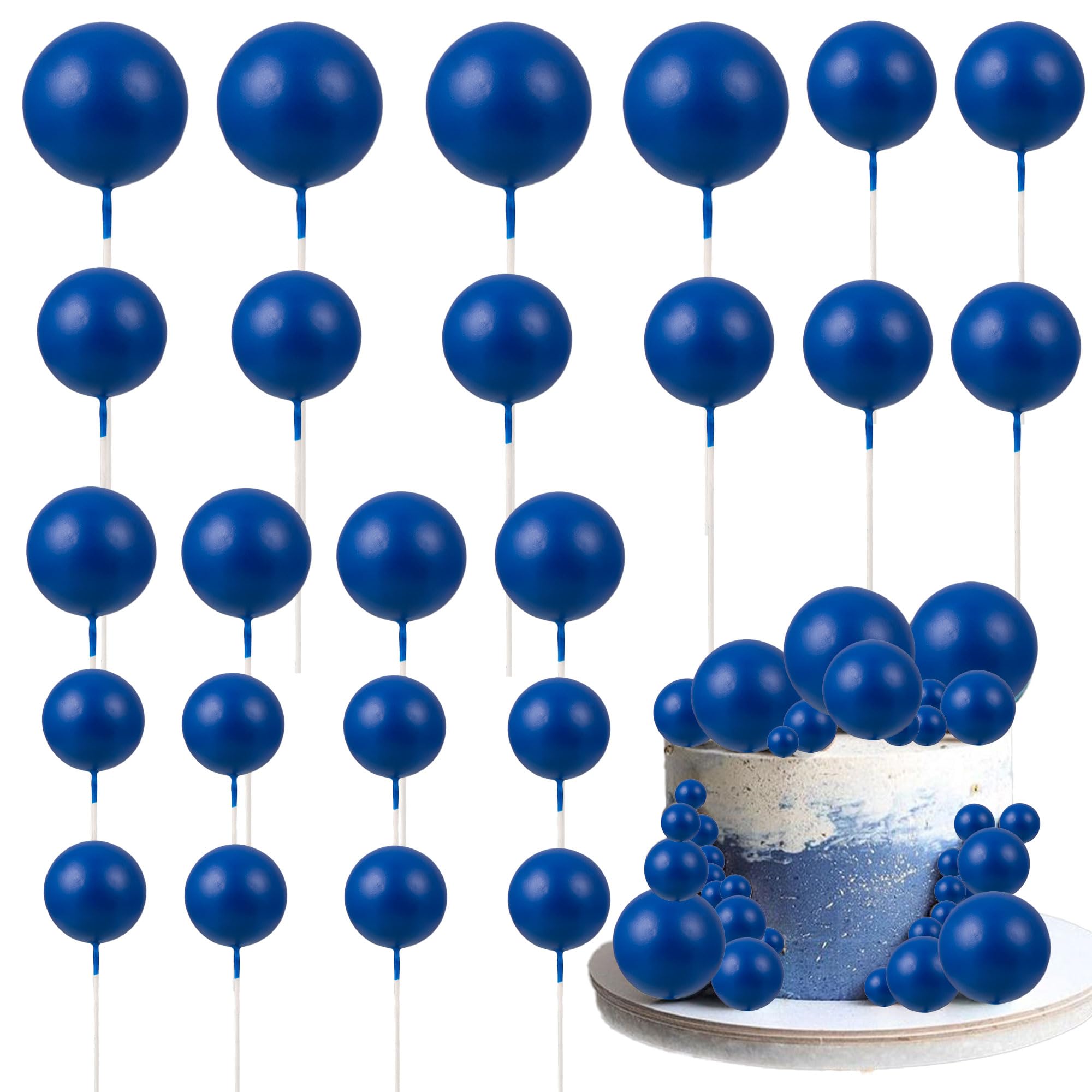 Gyufise 30Pcs Ball Cake Toppers Balls Cupcake Toppers Foam Ball Shaped Cake Picks DIY Balloons Cake Insert Topper for Wedding Enagement Baby Shower Birthday Party Cake Decorations Supplies Royal Blue