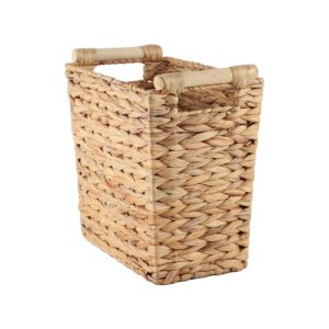 kingwillow wicker waste basket with wood handles, woven water hyacinth trash can for sundries bedroom bathroom office