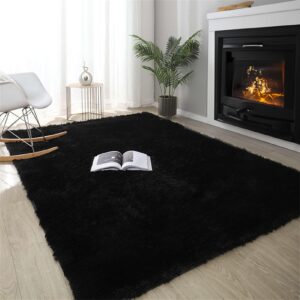 sk studio area rug for bedroom living room furry carpet shaggy throw rug non-slip indoor floor carpet for apartment dorm room nursery home decor black, 16x24 inch