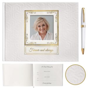 white pattern funeral guest book , hardcover funeral guest book for memorial service , memorial guest book with photo slot , memorial service guest book 104 pages , funeral guest celebration of life