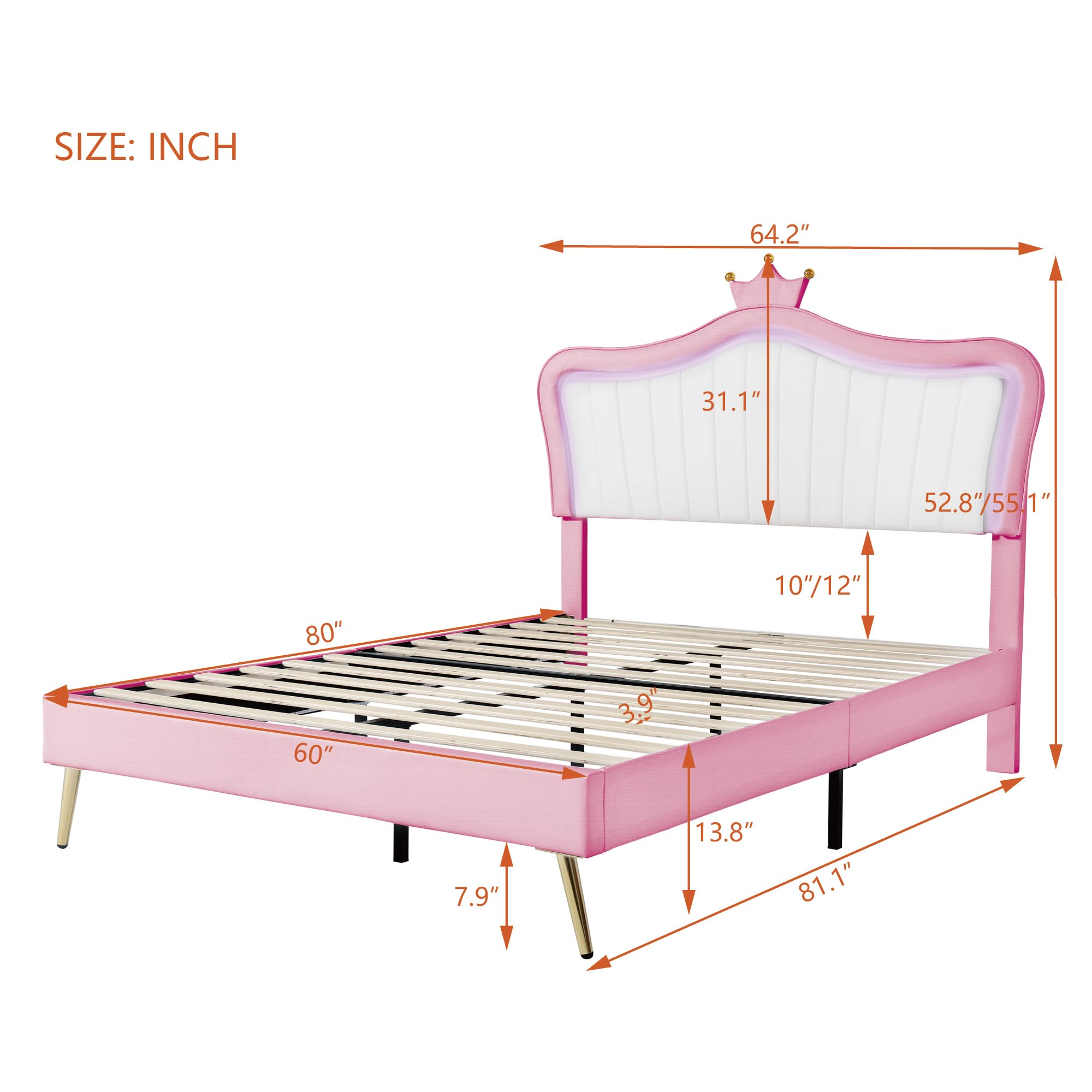 Queen Size Upholstered Princess Bed Frame with LED Lights and Crown Headboard,for Kids Boys Girls Teens Bedroom Use (Queen, White+Pink@LED Lights-)