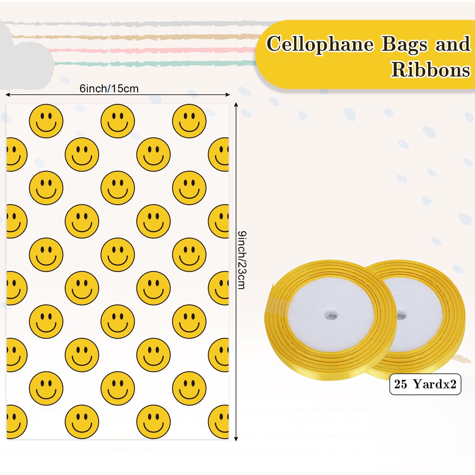 Whaline 100Pcs Smile Pattern Cellophane Treat Bags with Yellow Ribbons Cute Smile Face Cello Goodie Bags Clear Flat Candy Cookie Bags for Birthday Baby Shower Wedding Party Favor Supplies