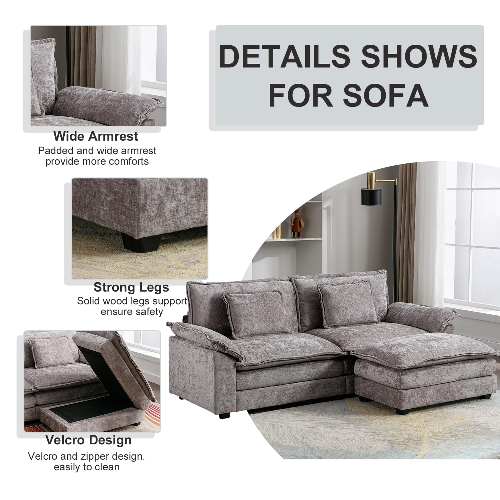 URRED Sectional Sofa Couch, Modern Chenille Sofa Sleeper Deep Seat Couches with Ottoman/Pillows for Living Room, Grey