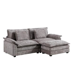 URRED Sectional Sofa Couch, Modern Chenille Sofa Sleeper Deep Seat Couches with Ottoman/Pillows for Living Room, Grey