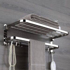 Bathroom Shelf Wall Floating Bathroom Bathroom Towel Shelf with Foldable Towel Bar Holder and Towel Hooks Wall Mounted Multifunctional Double Towel Bars Brushed Nickel Floating Shelves Corner Shower