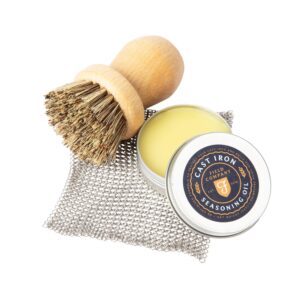 field company cast iron care kit (chain mail scrubber, natural fiber brush & cast iron seasoning oil)