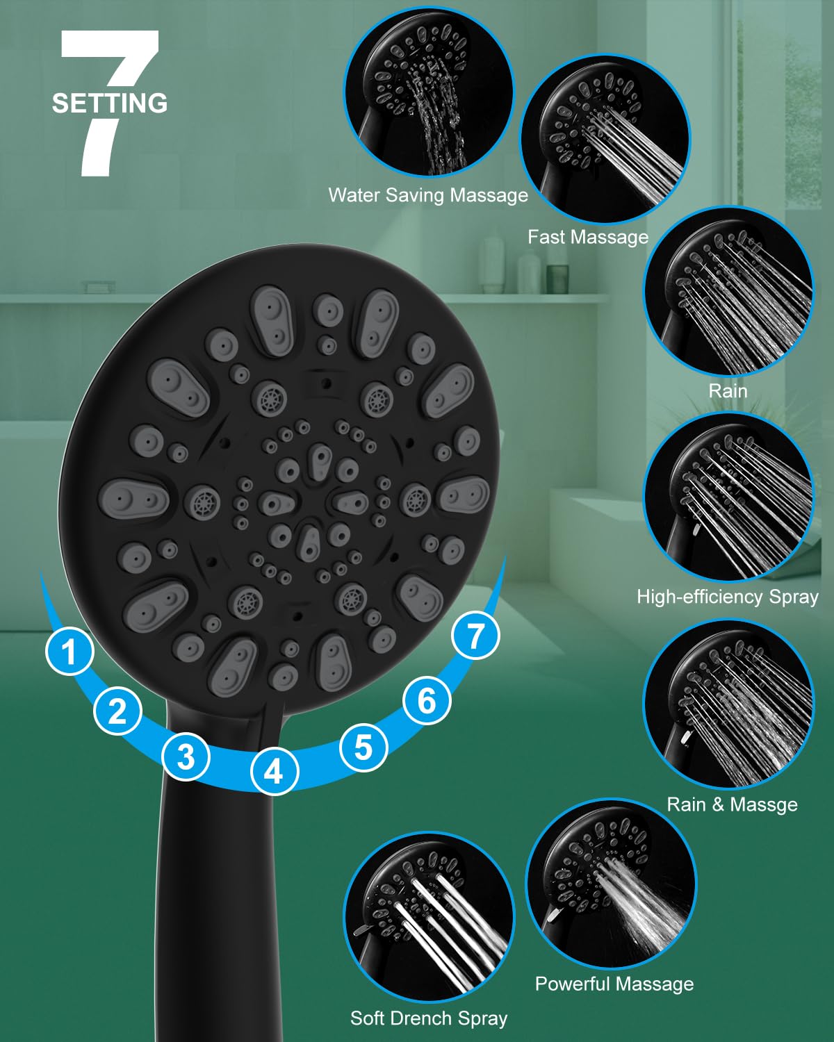 Hibbent 10'' Self-cleaning Rain Shower Head, High Pressure Handheld Shower Head, Showerhead Combo with 12'' Adjustable Curved Shower Extension Arm, 7-Spray, 71'' Hose, Showerhead Holder, Matte Black