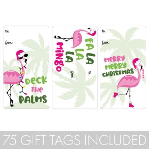 Pink Flamingo Christmas Gift Tags, Peel and Stick Christmas Gift Tags, 75 Count Beach Christmas Gift Wrap Tags