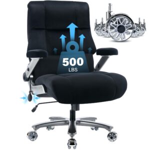 big and tall office chair 500lbs- executive desk chair with adjustable lumbar support 3d flip up arms- heavy duty quiet wheels metal base ergonomic computer chair, black