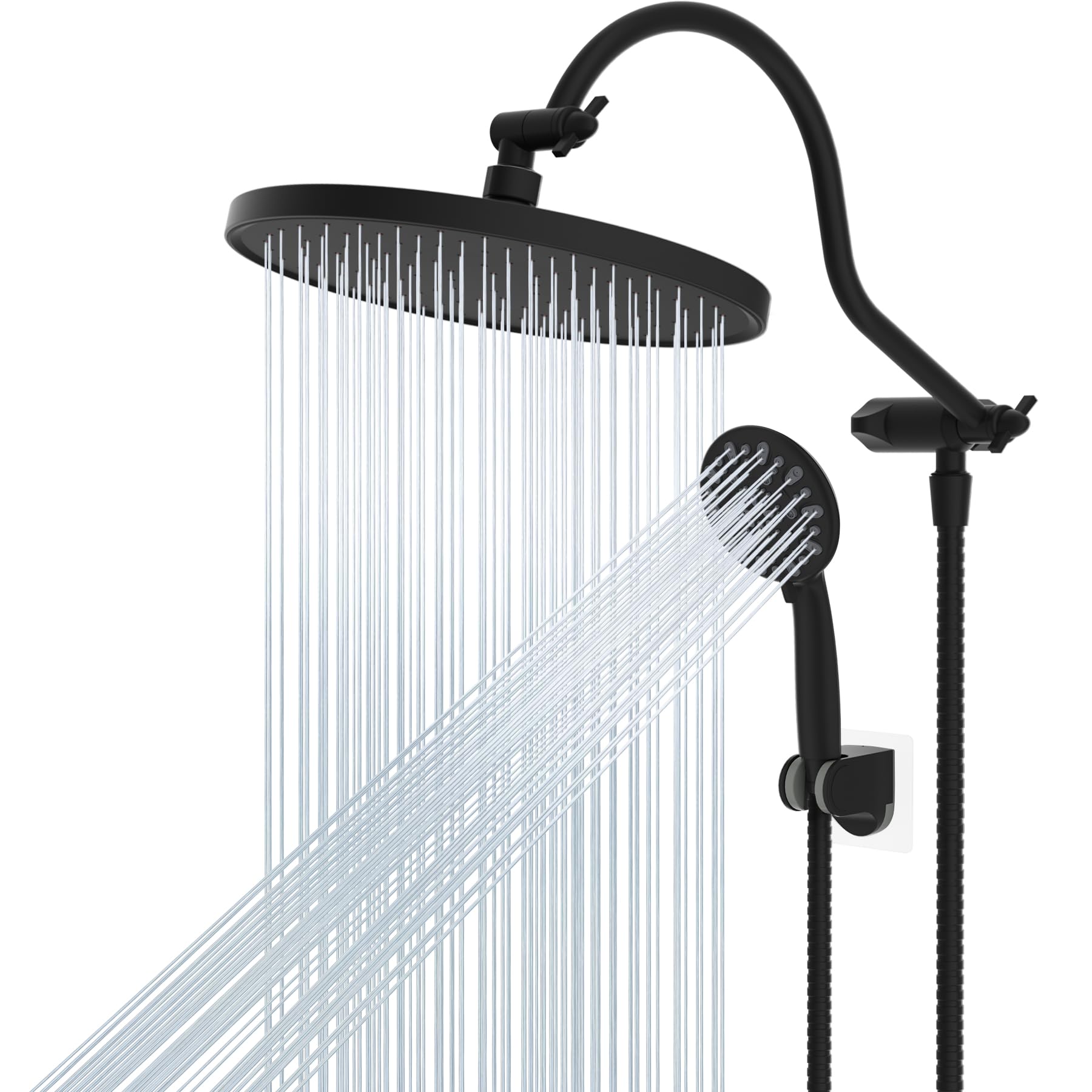 Hibbent 10'' Self-cleaning Rain Shower Head, High Pressure Handheld Shower Head, Showerhead Combo with 12'' Adjustable Curved Shower Extension Arm, 7-Spray, 71'' Hose, Showerhead Holder, Matte Black