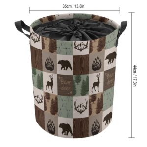 Brebasf Rustic Wildlife Bear Foldable Laundry Basket,Moose Abstract Retro Cabin Adventure Theme for Blanket, Toys, Dirty Clothes In, Bathroom, Bedroom 13.8"W x 17.3"H