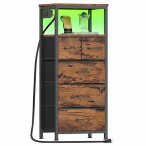 furnulem dresser for bedroom, tall nightstand, vertical chest with wood top, charging station, led lights, 5 fabric bins, bedside table with shelf, furniture for entryway (5 drawer, rustic brown)