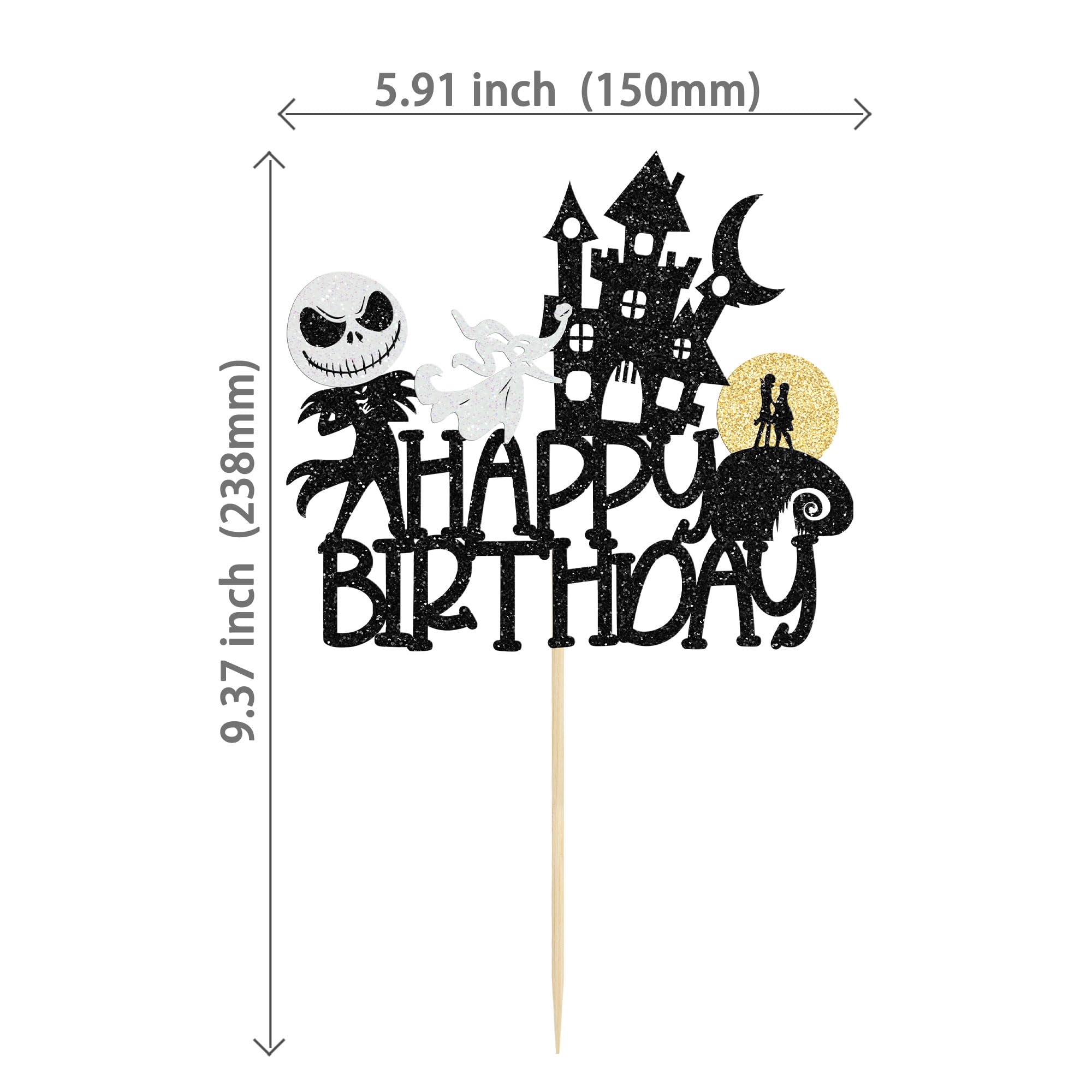 1Pc Halloween Happy Birthday Cake Topper Glitter Jack and Sally Pumpkin Bat Castle Ghost Halloween Cake Pick for Halloween Theme Baby Shower Kids Birthday Party Cake Decorations Supplies