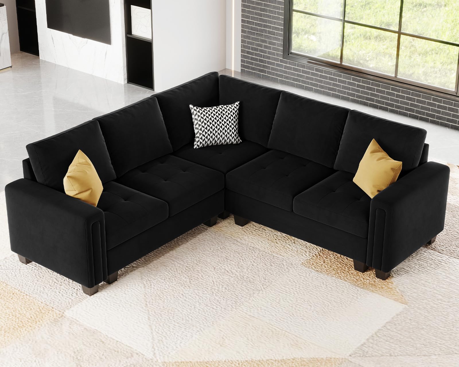 Belffin Velvet Modular Sectional Sofa Convertible Sectional Sofa Couch with Reversible Chaise L Shaped 4 Seater Corner Sofa Couch Black