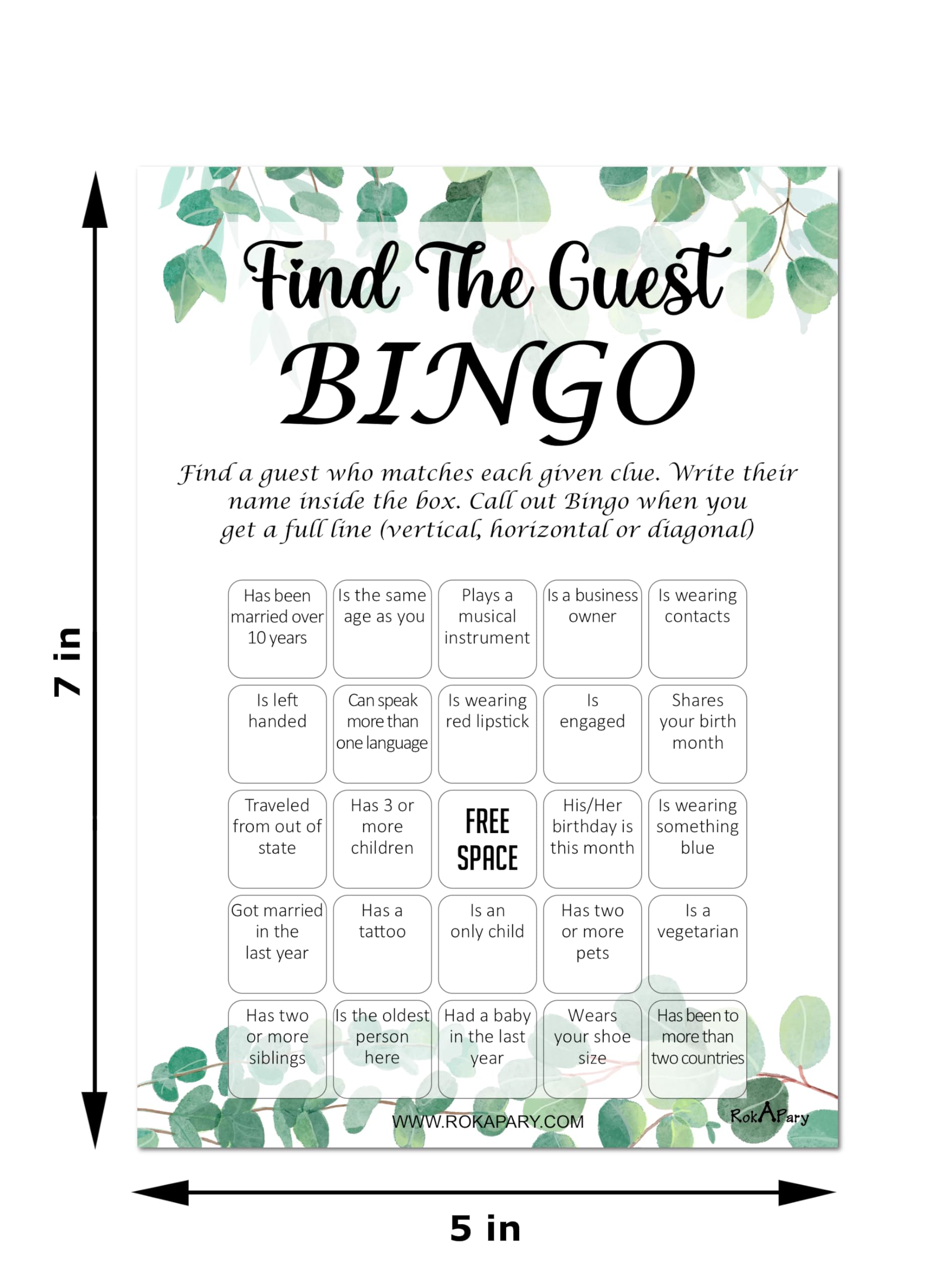 RokAPary Eucalyptus Theme Find The Guest Bingo Game, Wedding, Bridal Shower, Bachelorette or Engagement Party Game, Event Activities Play Pack of 50 Cards 5”x7” Made in USA