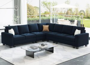 belffin modular velvet sectional l shape sofa couch oversized convertible sectional sofa couch with reversible chaise for living room blue